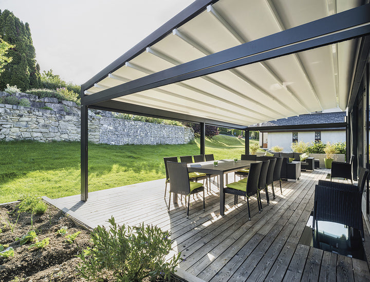 Retractable canopies - pitched roof – Outside Structures